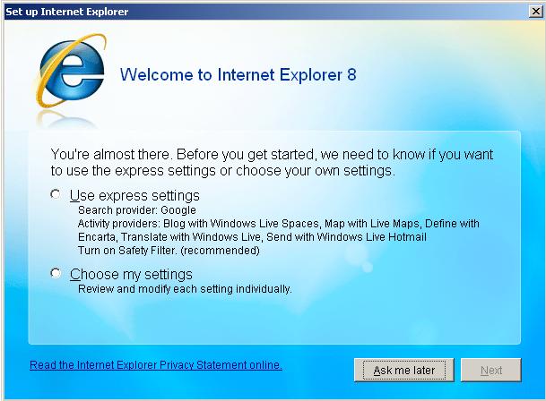 Windows Internet Explorer 8 Installation Screenshots